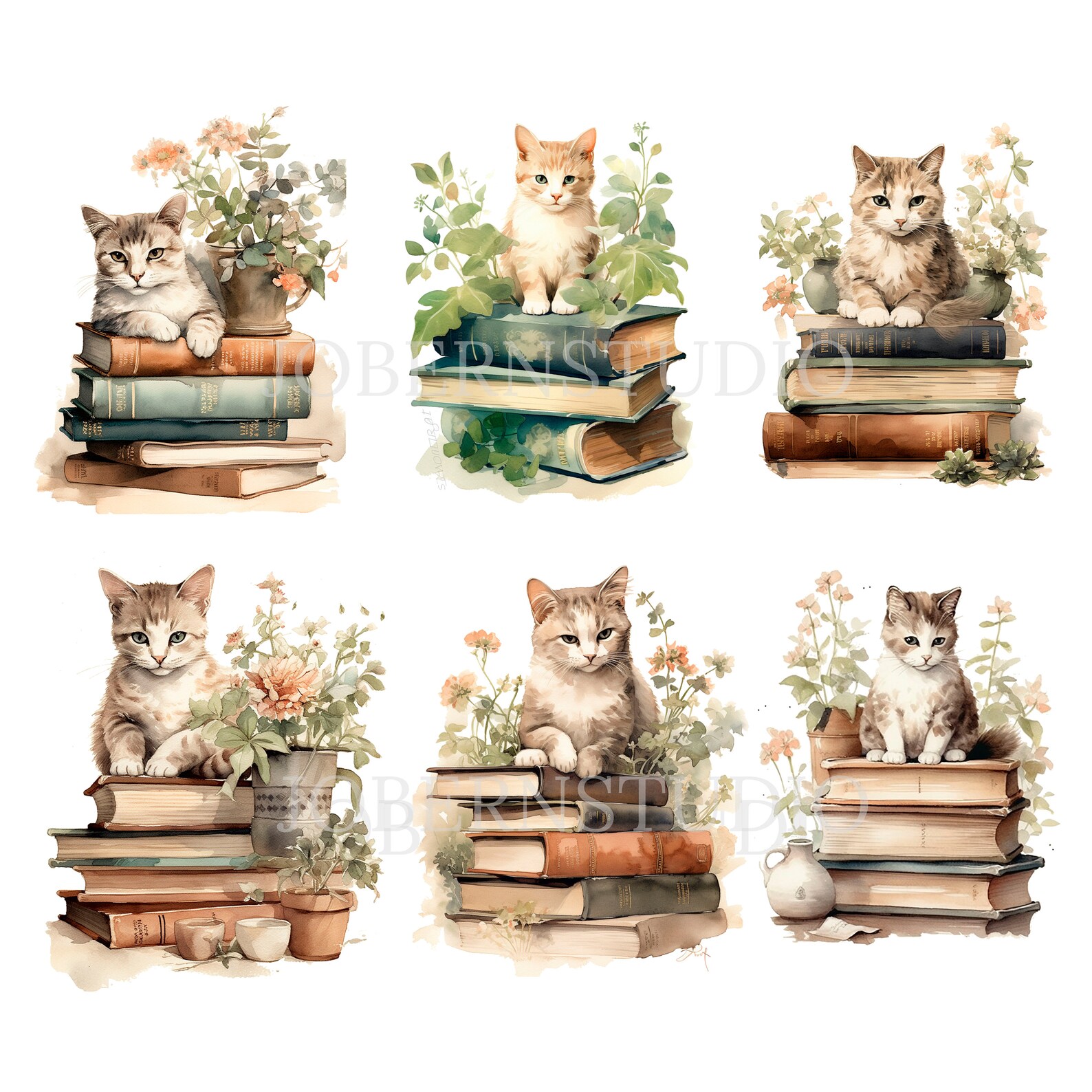 Book and Cat Clipart Bundle 15 High Quality Png,watercolor Home Decor ...