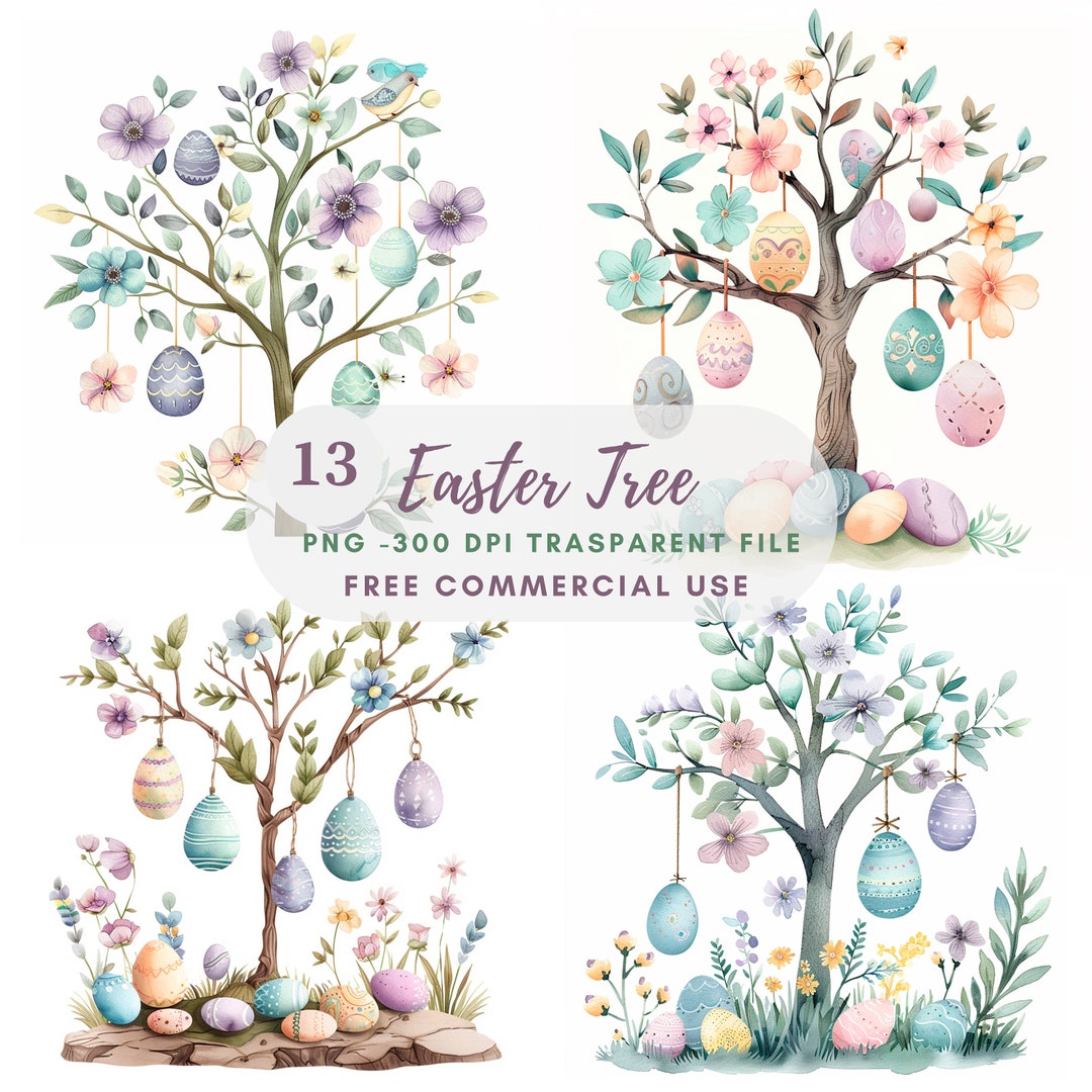 Easter Tree Clipart PNG Bundle 13 High Quality,watercolor Easter Egg ...