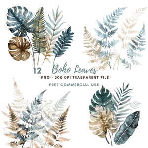 Boho Leaves Clipart Bundle 12 High Quality PNG, Watercolor Green Leaves ...