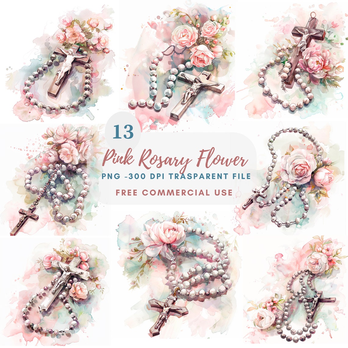 Flower Rosary Clipart Bundle 14 High Quality Png,pink Cross Watercolor ...
