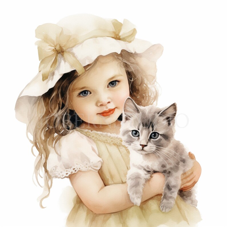 Watercolor Retro Baby With Cat Clipart Png,bundle 15 High Quality Jpg ...