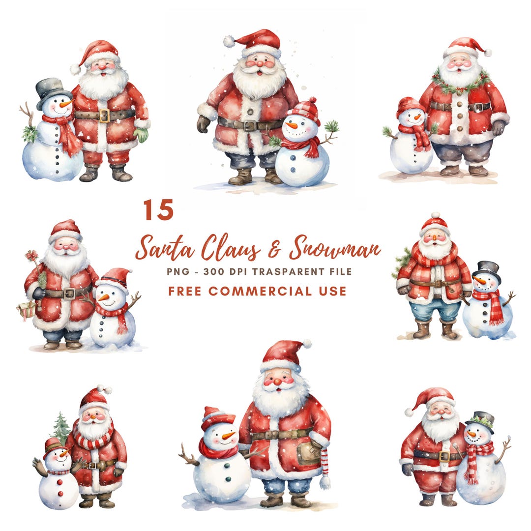 Christmas Santa Claus and Snowman Clipart, Bundle 15 High Quality Png ...