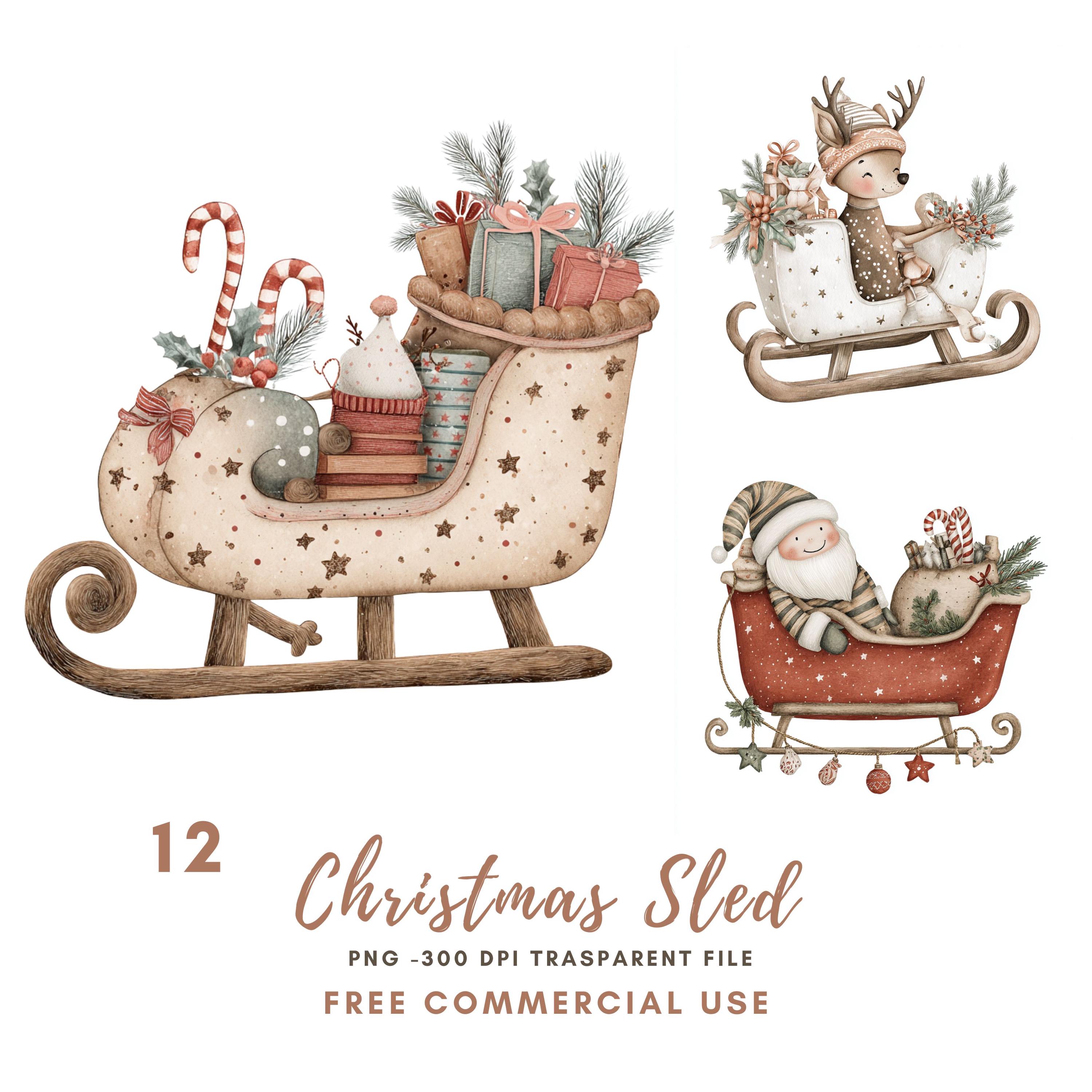 Christmas Sled Clipart Png,bundle 12 High Quality ,watercolor Boho Sled ...