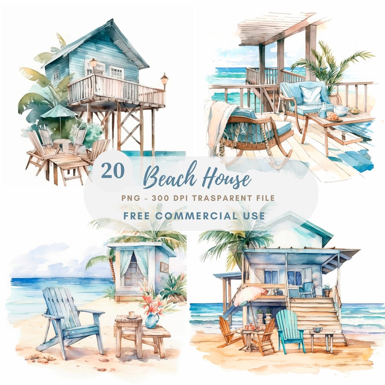 Beach House Clipart Png,bundle 20 High Quality Jpg,watercolor Landscape ...