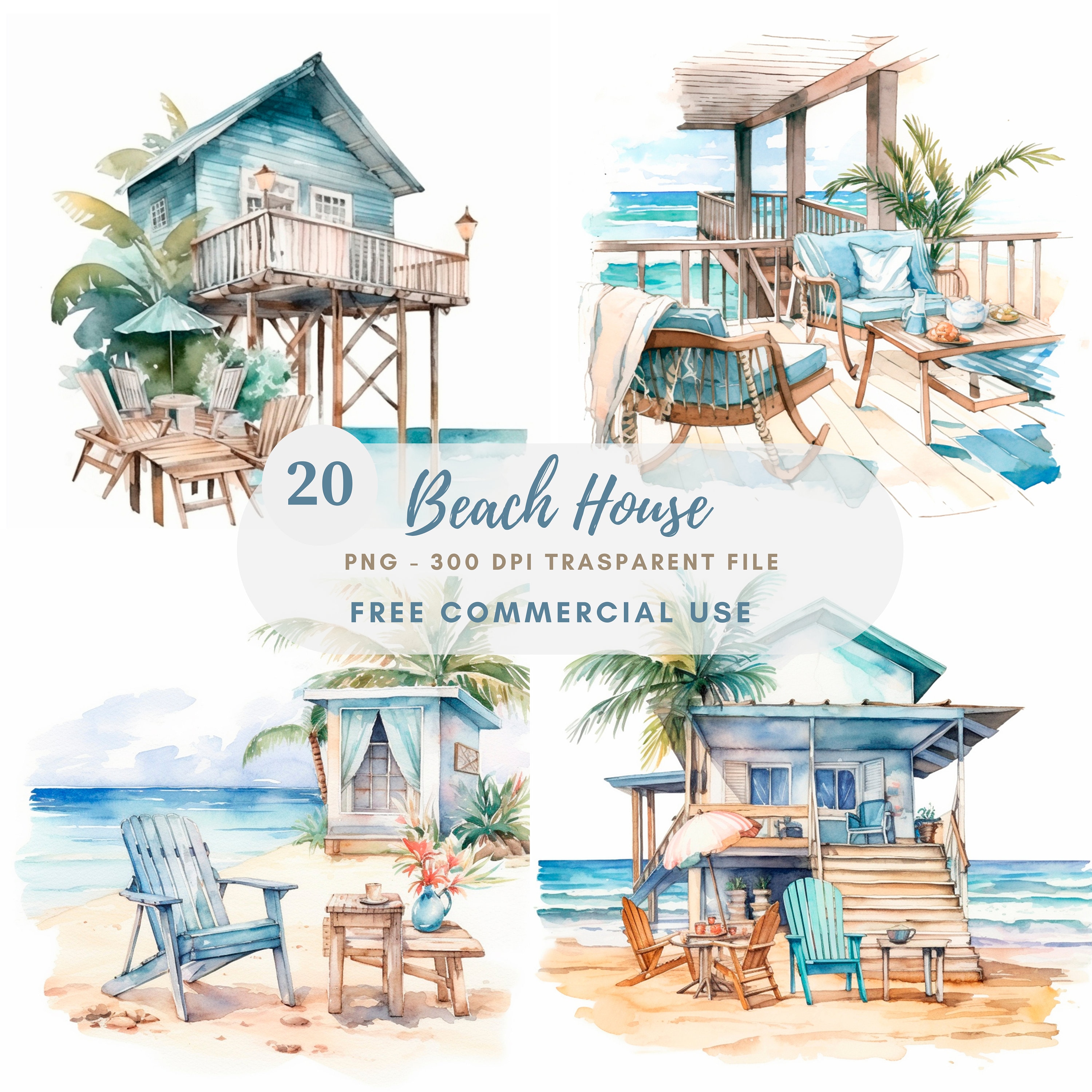 Beach House Clipart Png,bundle 20 High Quality Jpg,watercolor Landscape ...