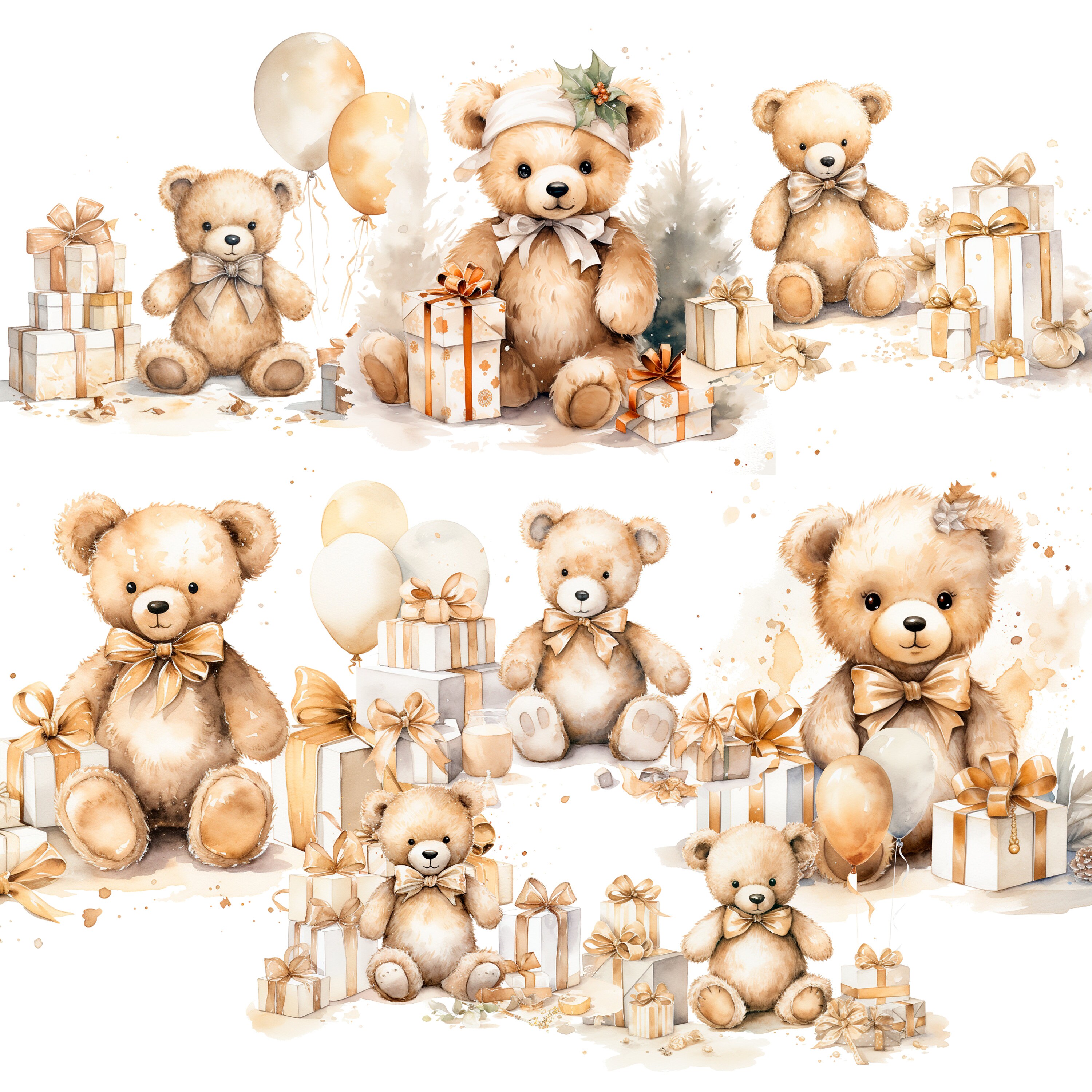 Christmas Teddy Bear, Watercolor Clipart PNG,15 High Quality Jpgs ...