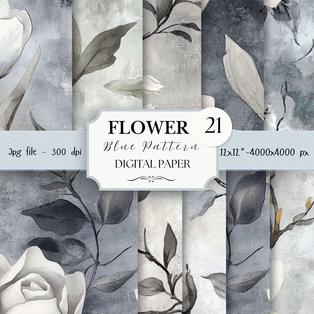 Blue Flower Digital Paper Pack- Vintage Scrapbook Junk Journal Papers ...