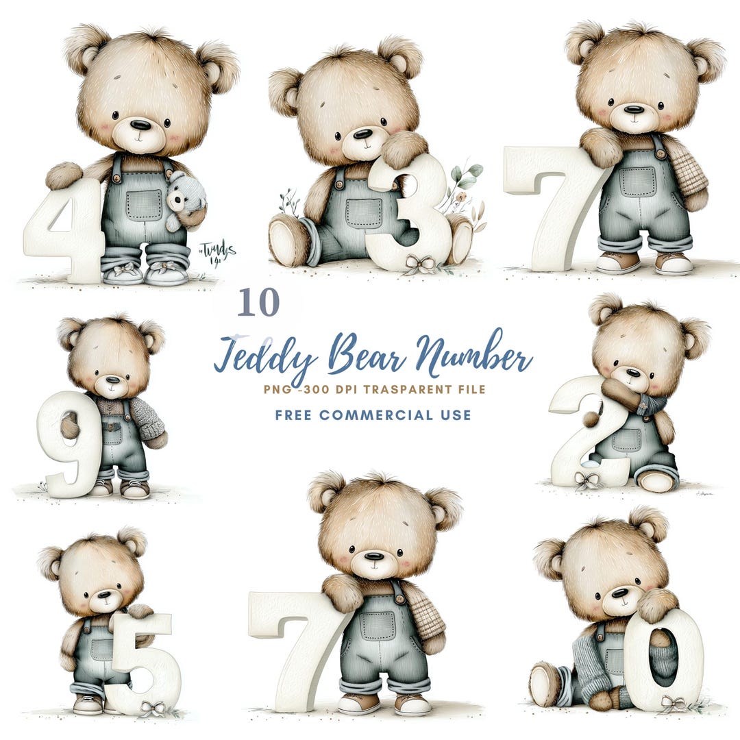 Nursery Teddy Bear Number 0-9 Clipart Bundle 10 High Quality PNG, Baby ...