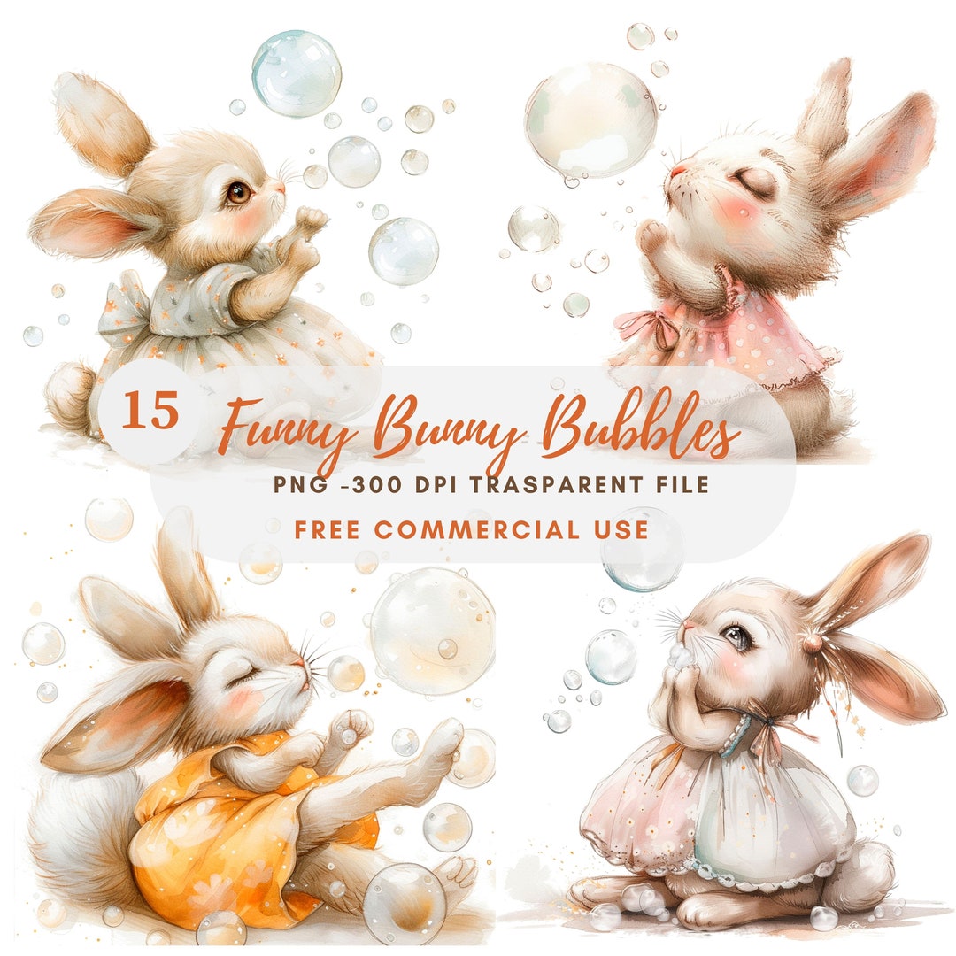 Cute Bunny Clipart PNG Bundle 15 High Quality,watercolor Bunny Bubbles ...
