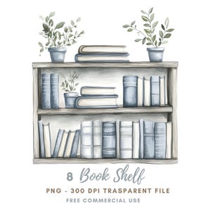Bookshelf Clipart, Bundle 8 High Quality Png,watercolor Blue Bookcase ...