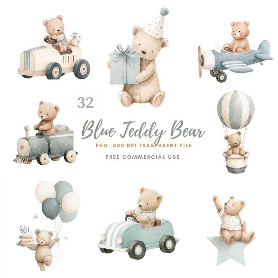 Blue Teddy Bear Nursery Clipart , Bundle 32 Png,watercolor It's a Boy ...