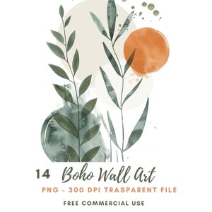 Boho Wall Art Clipart Bundle 14 High Quality PNG, Watercolor Green ...