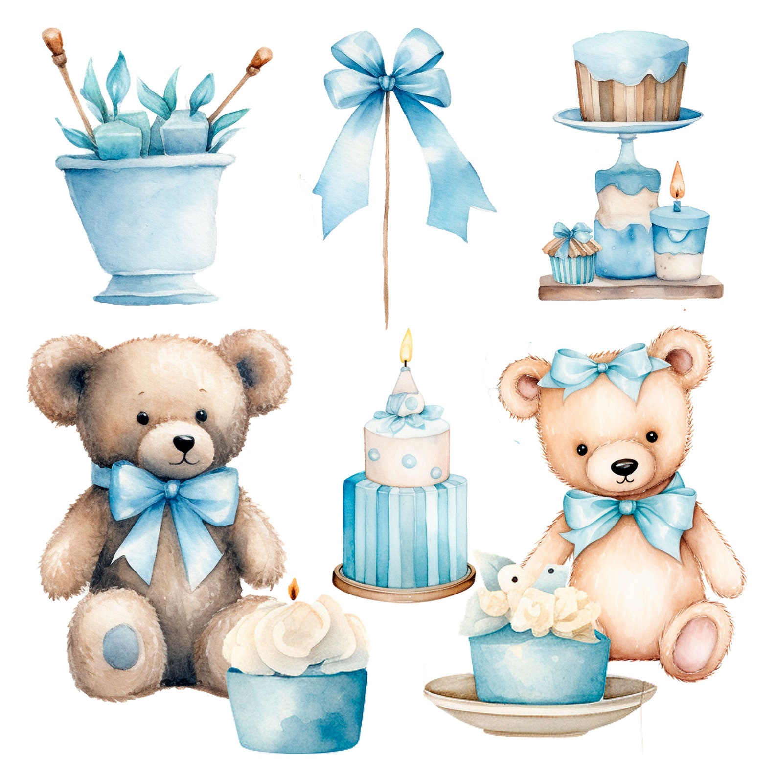 Blue Teddy Bear Watercolor Clipart PNG,25 High Quality Jpgs,digital ...