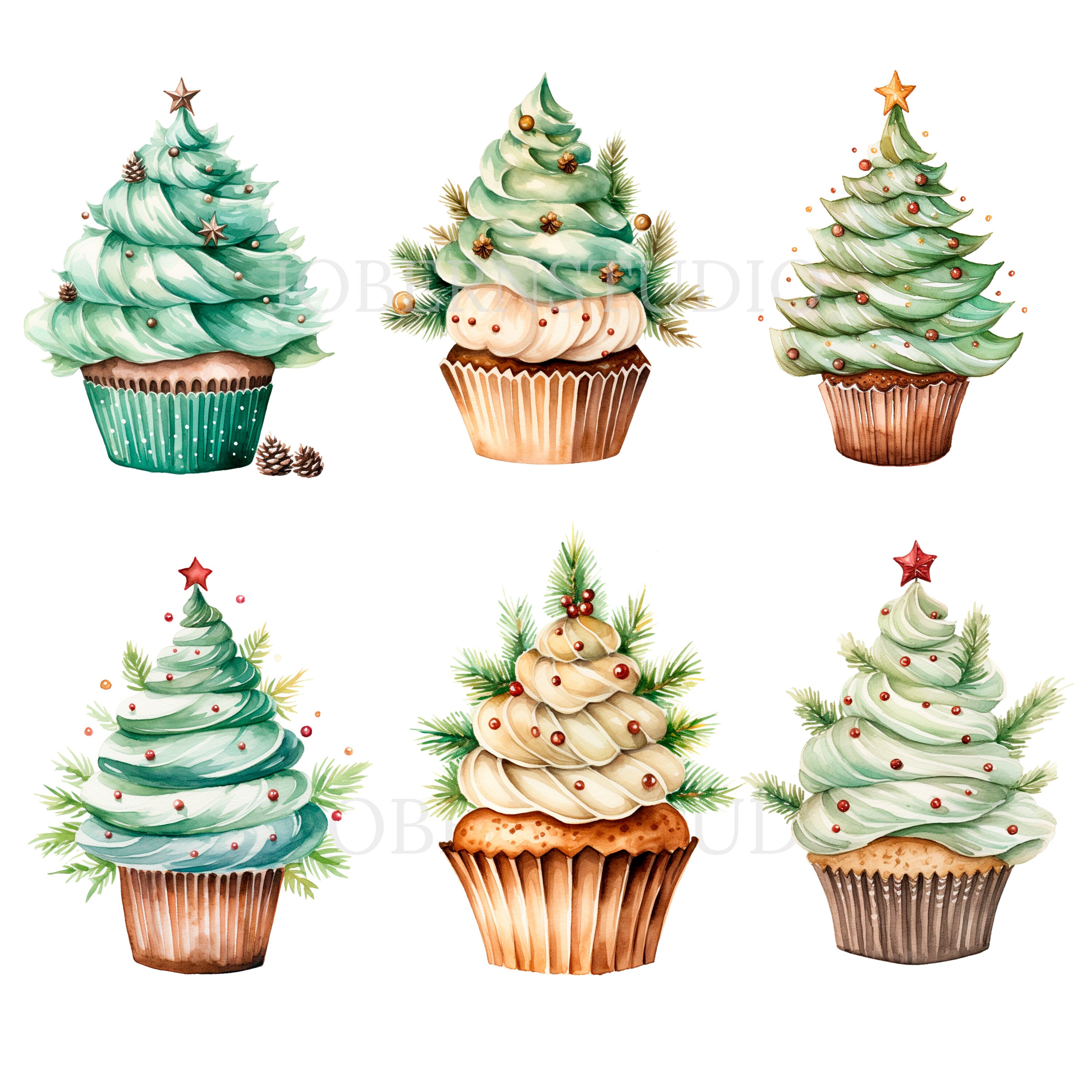 Christmas Tree Cupcake Clipart,bundle 15 High Quality Png,watercolor ...