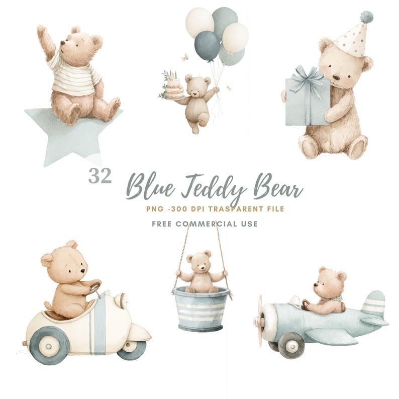 Blue Teddy Bear Nursery Clipart , Bundle 32 Png,watercolor It's a Boy ...