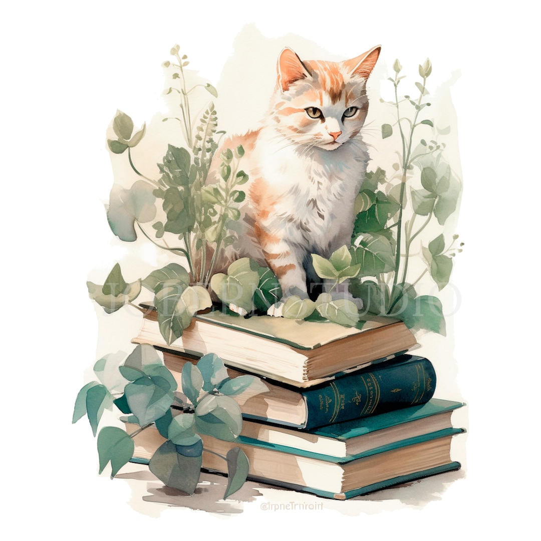 Book and Cat Clipart Bundle 15 High Quality Png,watercolor Home Decor ...