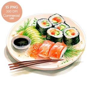 Tasty Sushi Clipart Bundle 15 High Quality Png,watercolor Japanese Food ...