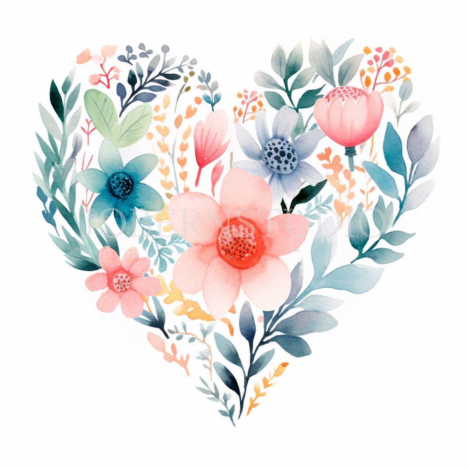 Flower Heart Clipart Bundle 12 High Quality PNG, Watercolor Garland ...