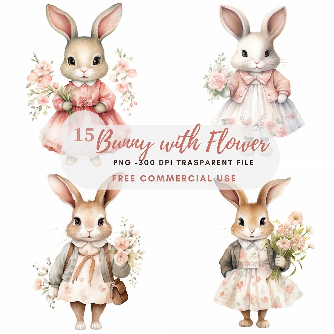 Bunny With Flower Clipart PNG Bundle 15 High Quality Jpg,spring ...