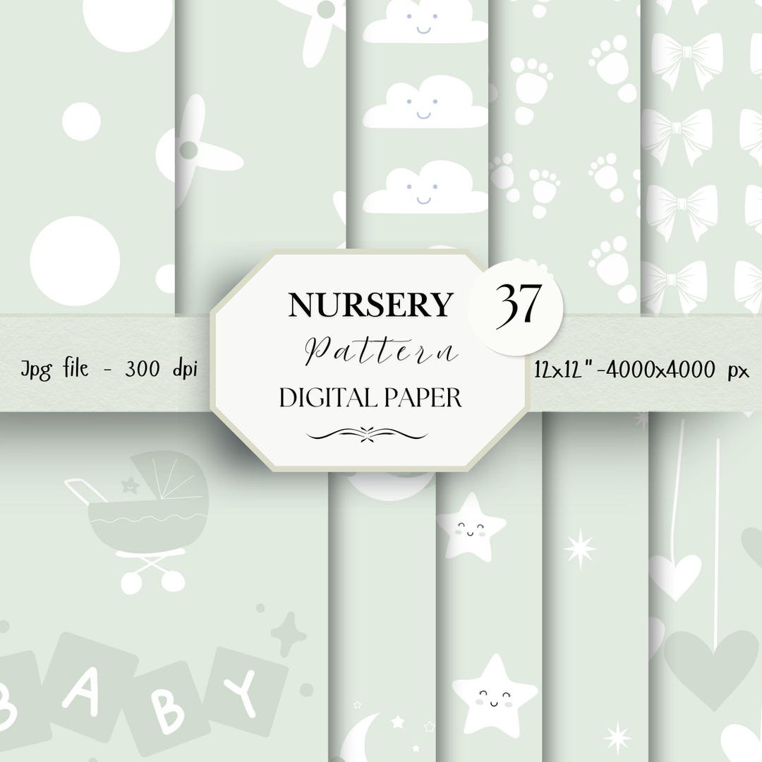 Green Cute Baby Digital Paper Pack- 37 Nursery Scrapbook Junk Journal ...