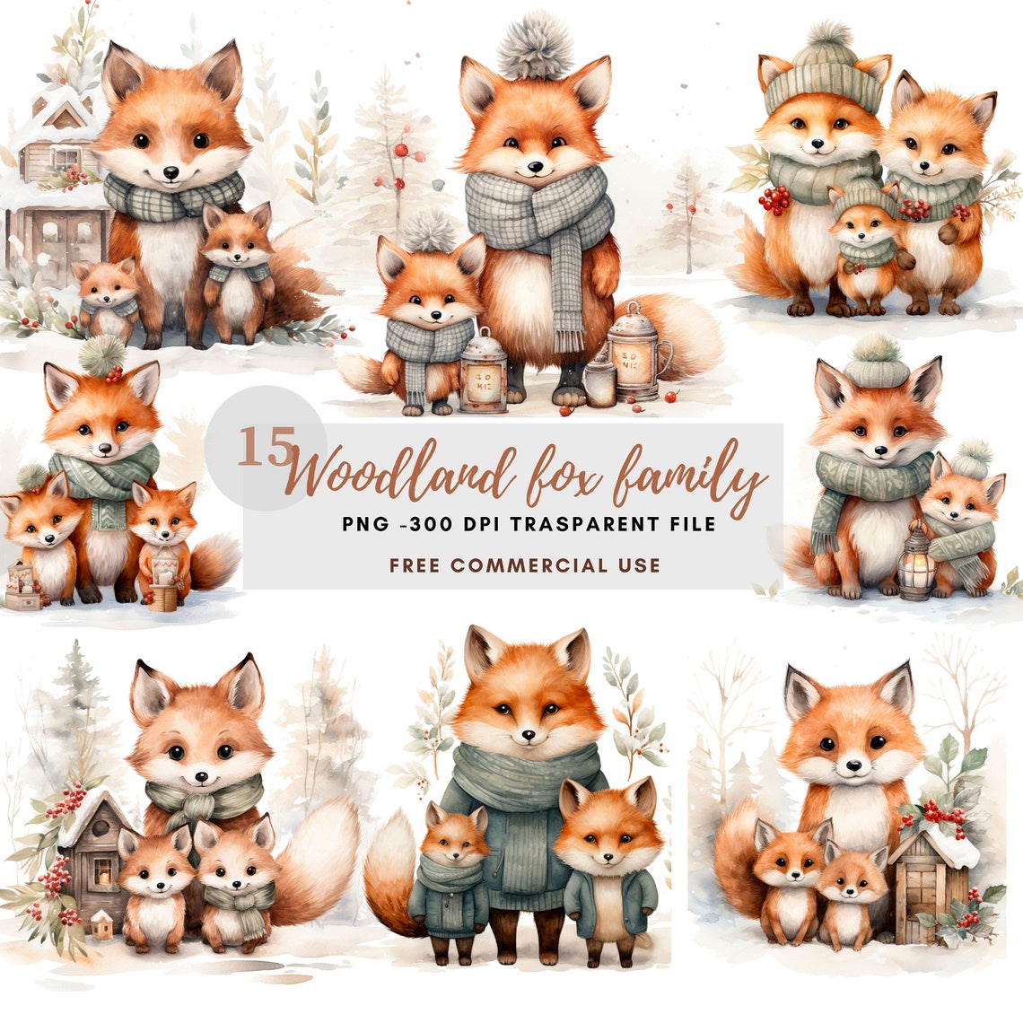 Woodland Family Animal Clipart Pngfox Bundle 15 High Quality - Etsy