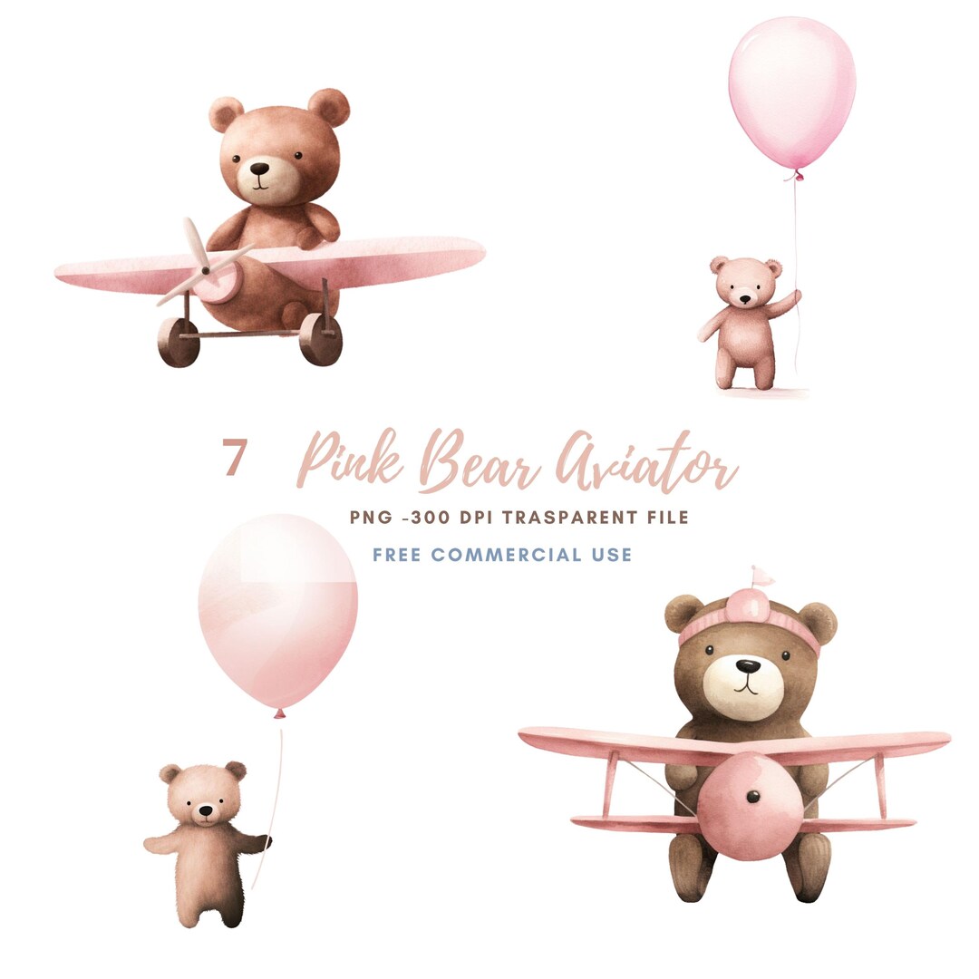 Pink Teddy Bear Aviator Clipart PNG Bundle 7 High Quality| Watercolor ...