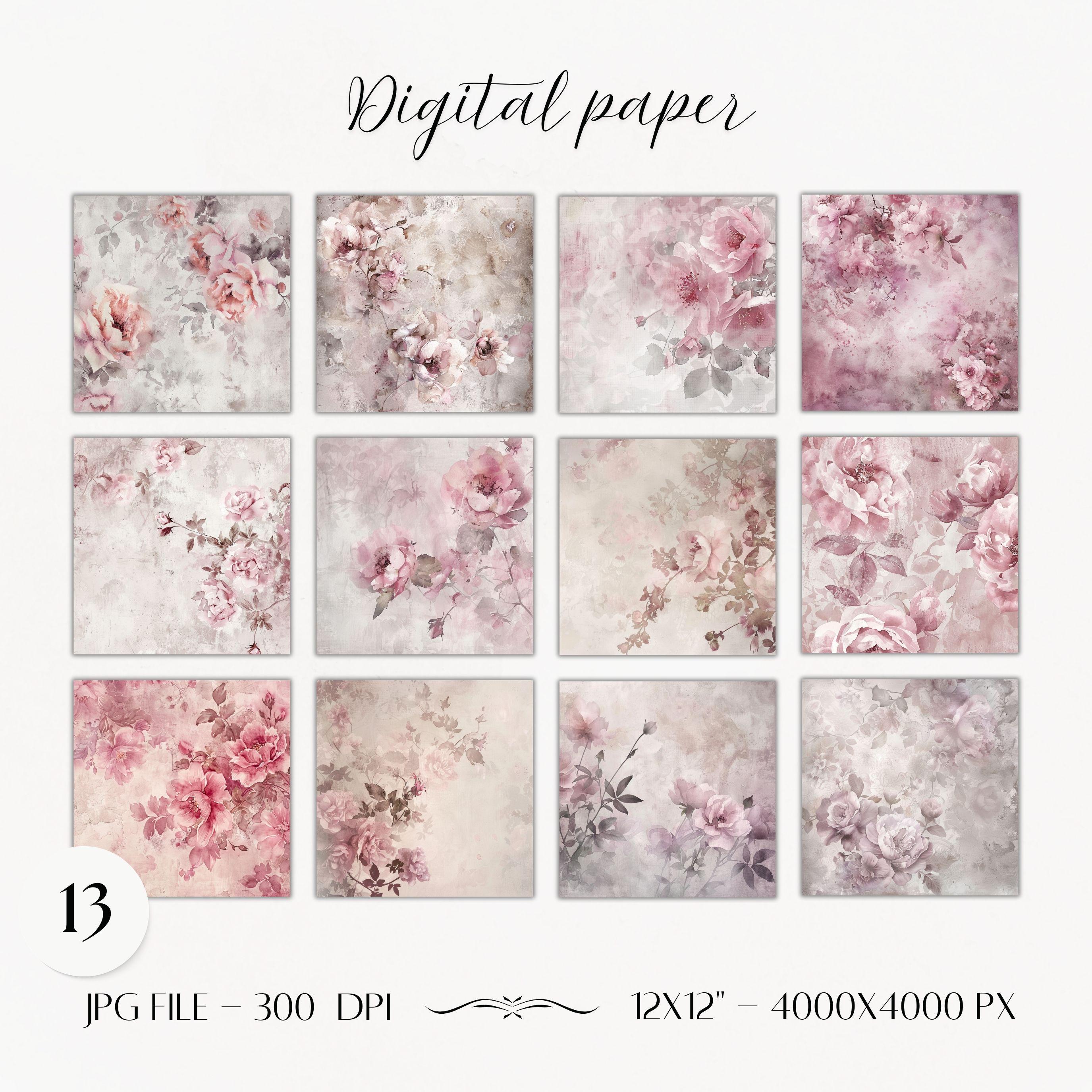 Pink Roses Flower Digital Paper Pack-13 Vintage Scrapbook Junk Journal ...