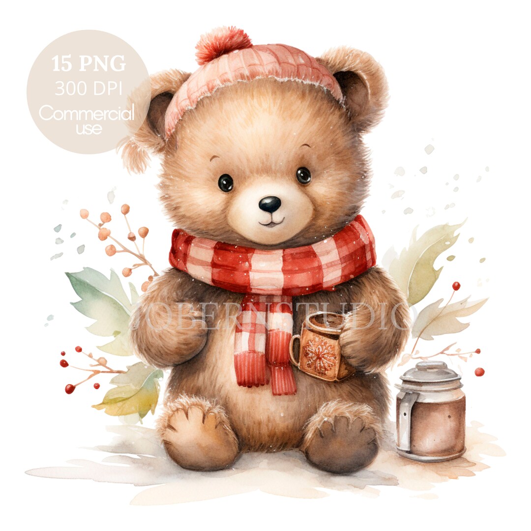 Christmas Teddy Bear, Watercolor Clipart PNG,15 High Quality Jpgs ...