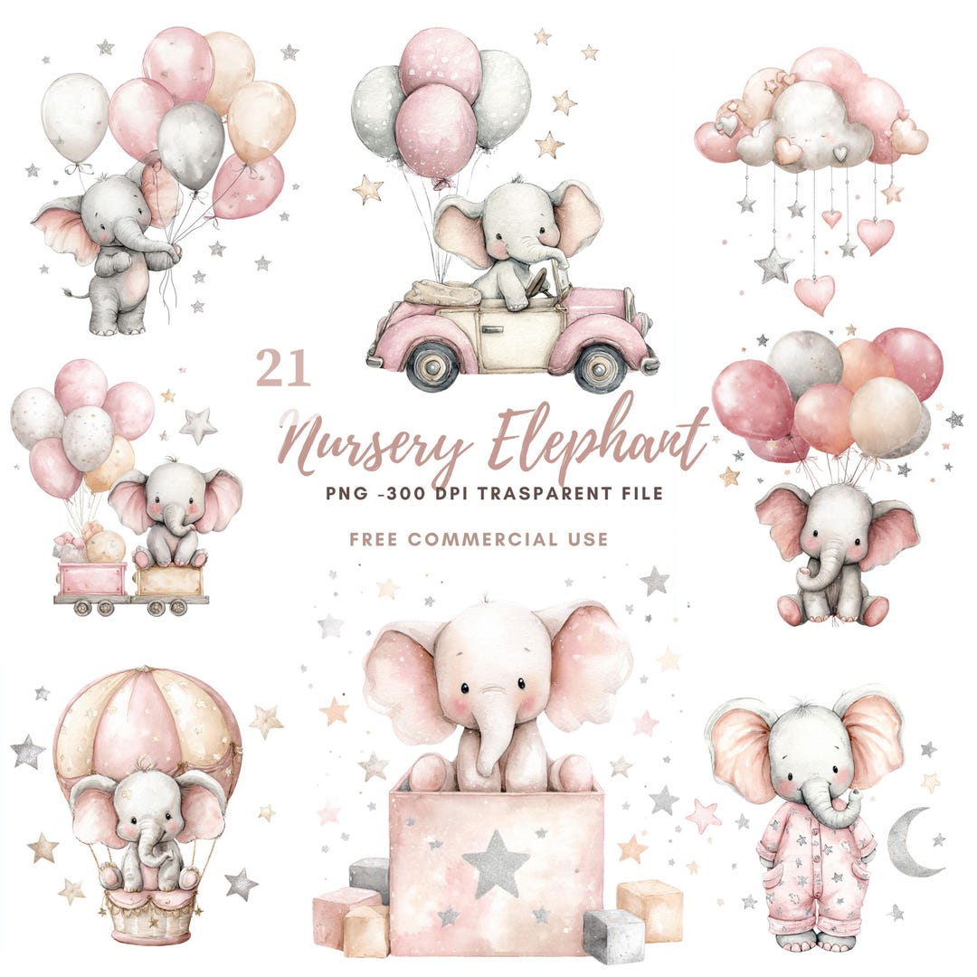 Pink Elephant Nursery Clipart PNG Bundle 21 High Quality| Watercolor ...
