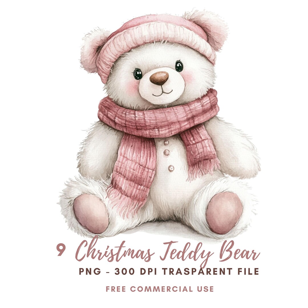 Christmas Teddy Bear Clipart, Watercolor 9 High Quality Png,pink Winter ...
