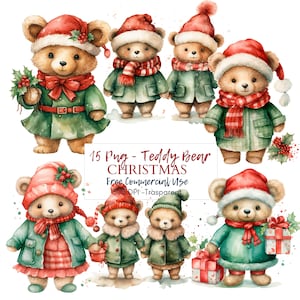 Christmas Teddy Bear, Watercolor Clipart PNG,15 High Quality Jpgs ...