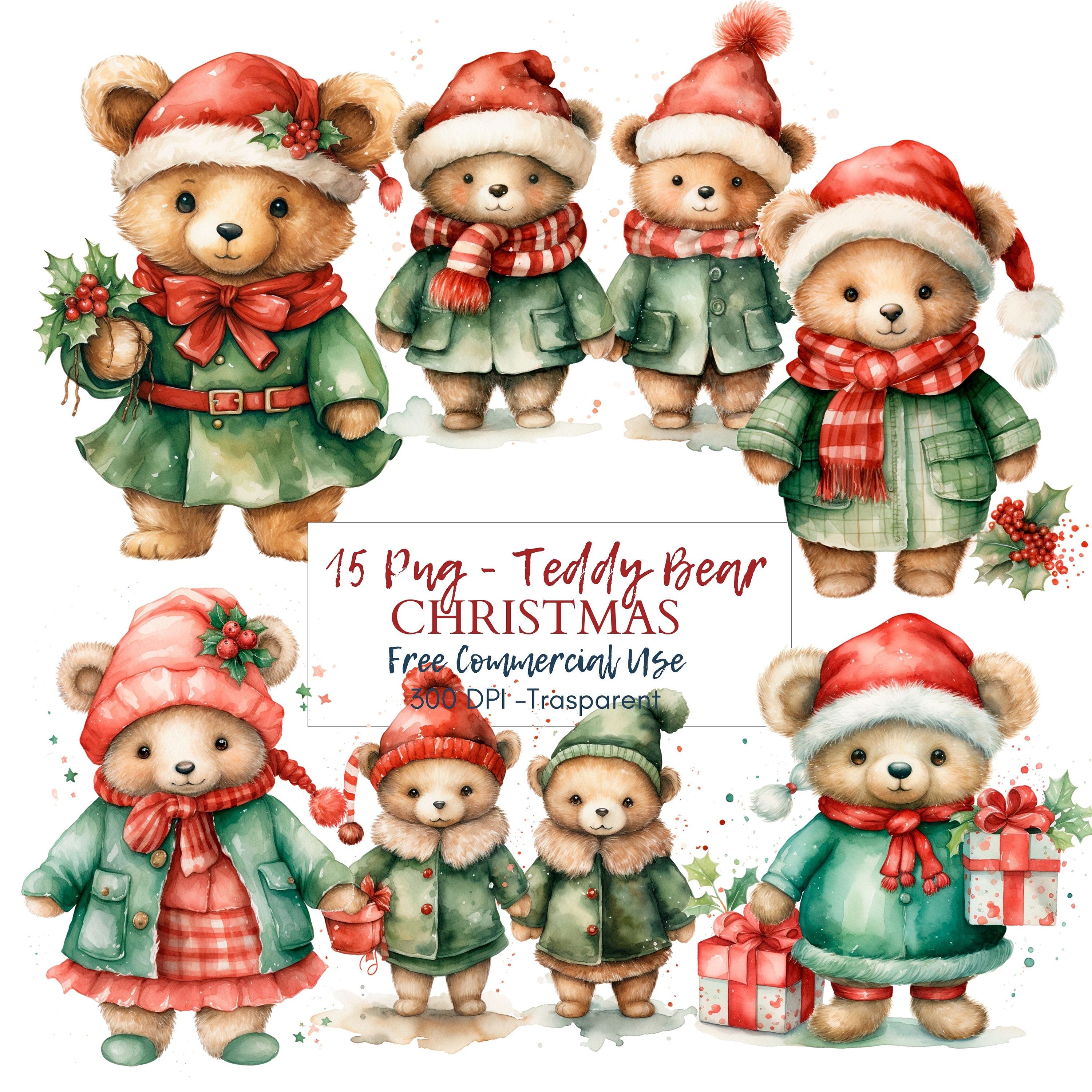 Christmas Teddy Bear, Watercolor Clipart PNG,15 High Quality Jpgs ...
