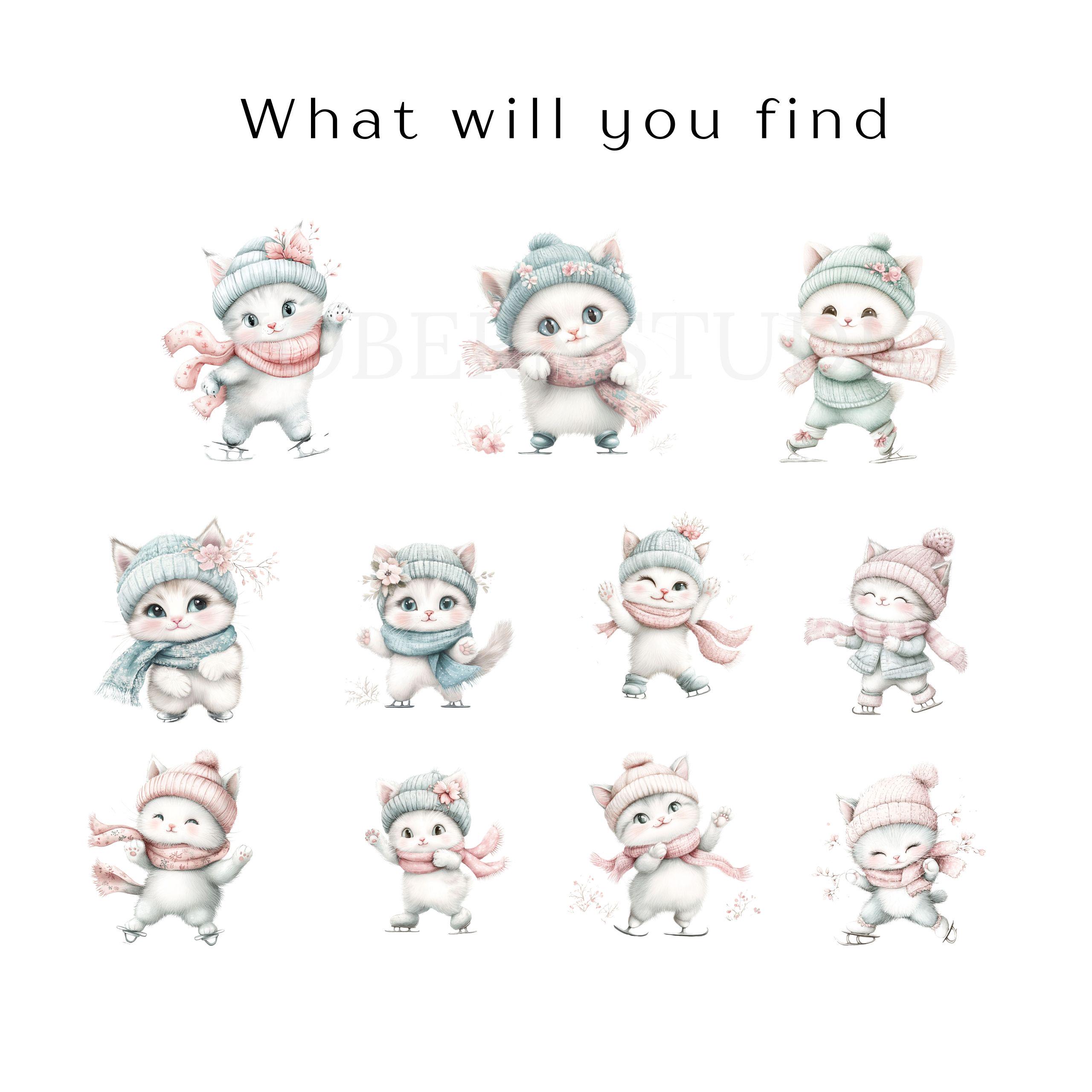 Winter Cat Clipart PNG Bundle 11 High Quality | Winter Skater Cute Cat ...