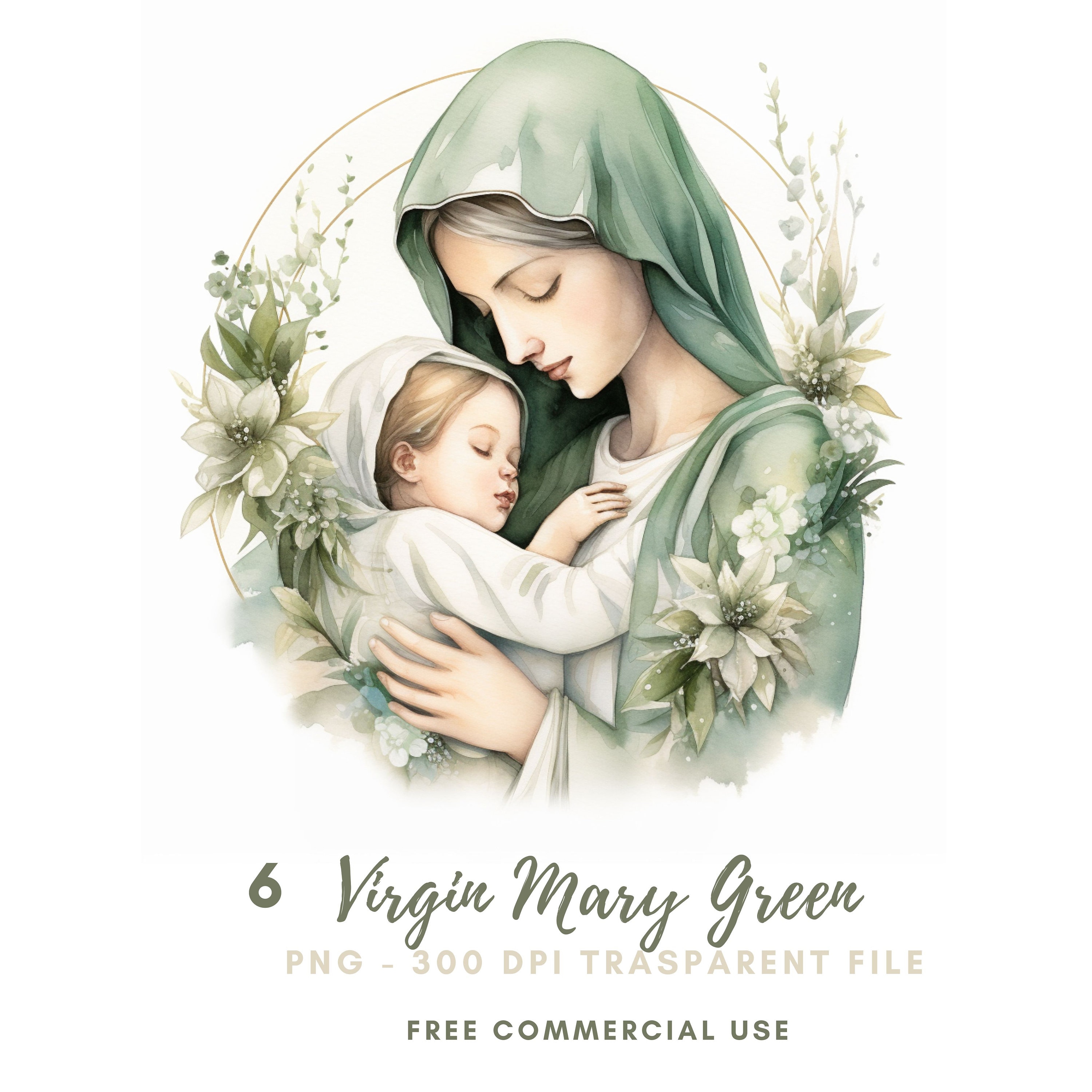 Virgin Mary Clipart,bundle 6 High Quality Png,watercolor Green Our Lady ...