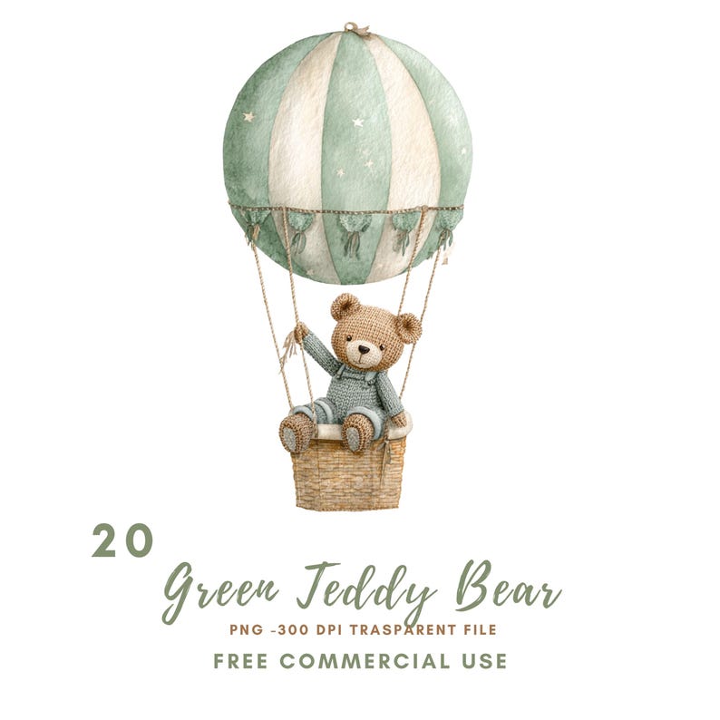 Green Teddy Bear Nursery Clipart PNG Bundle 20 High Quality| Watercolor ...