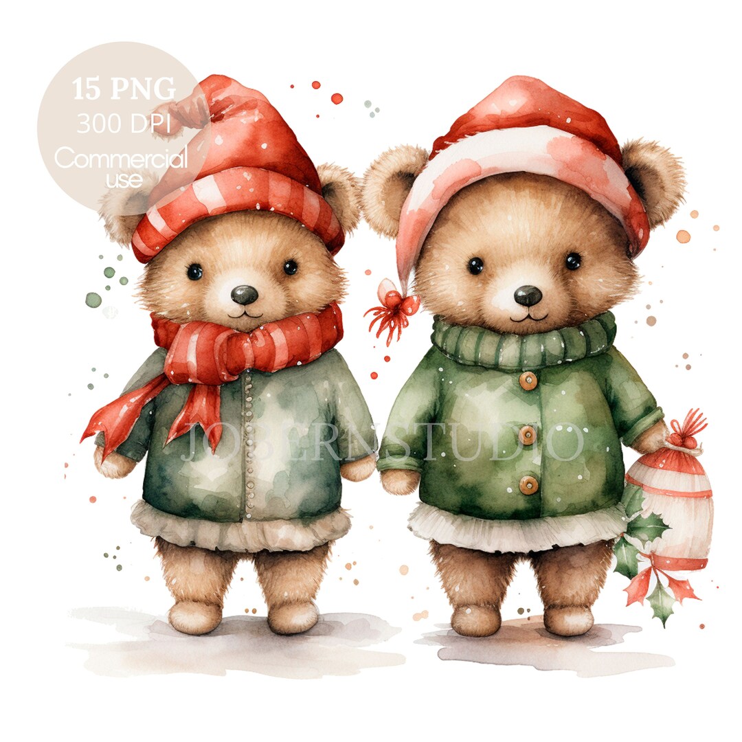 Christmas Teddy Bear, Watercolor Clipart PNG,15 High Quality Jpgs ...