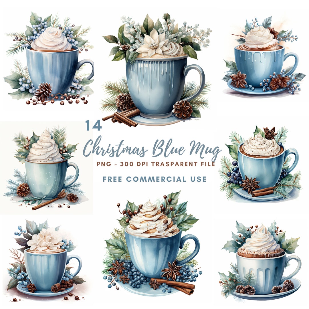 Christmas Mug Clipart Bundle 14 High Quality Png,watercolor Blue Cup ...