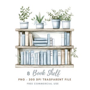 Bookshelf Clipart, Bundle 8 High Quality Png,watercolor Blue Bookcase ...