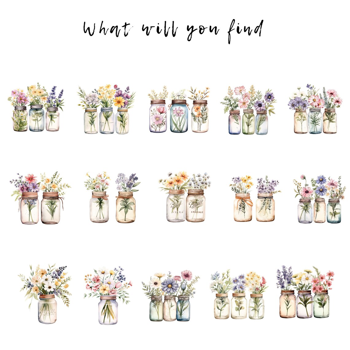 Jar of Flower Clipart Bundle 15 High Quality PNG, Watercolor Rustic ...