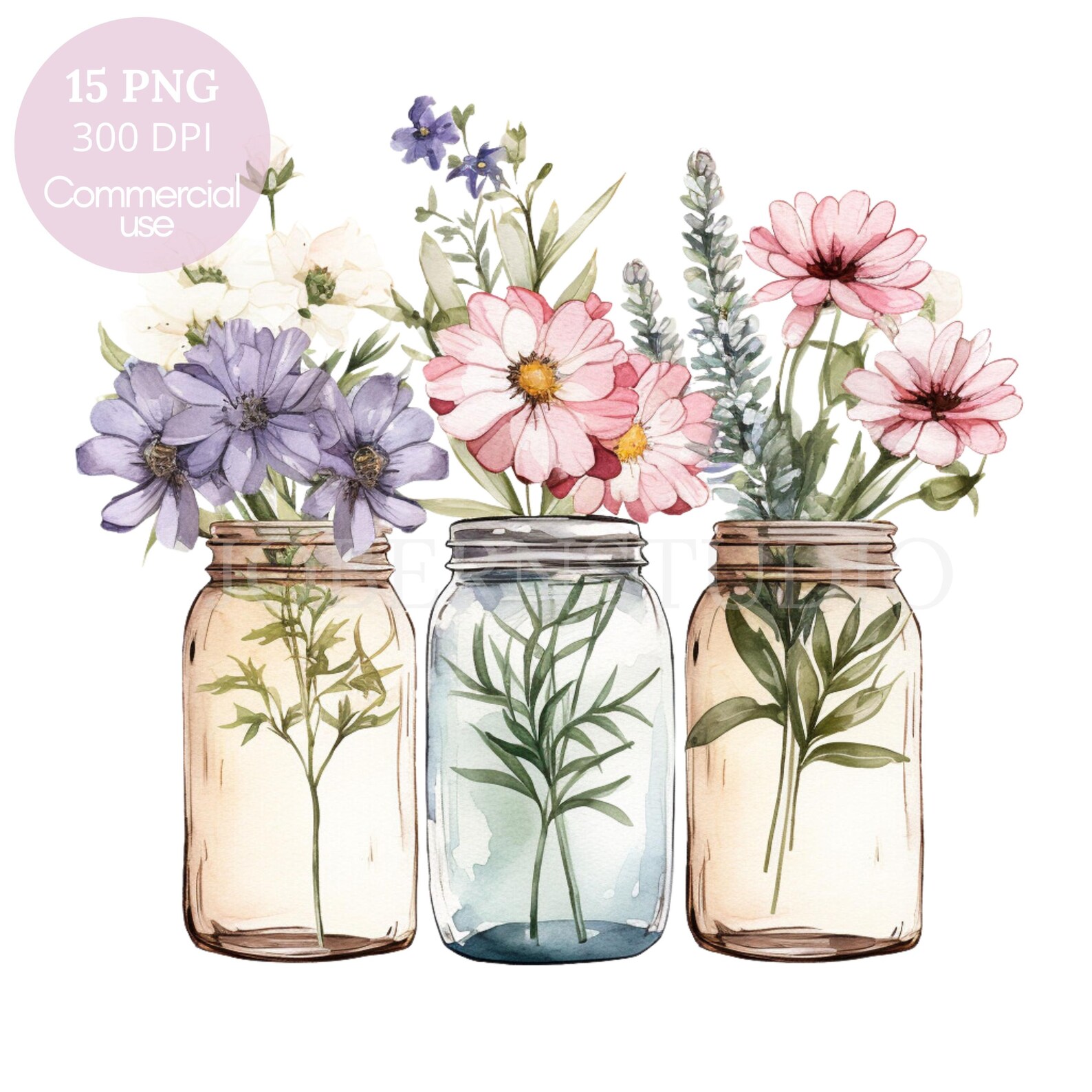 Jar of Flower Clipart Bundle 15 High Quality PNG, Watercolor Rustic ...