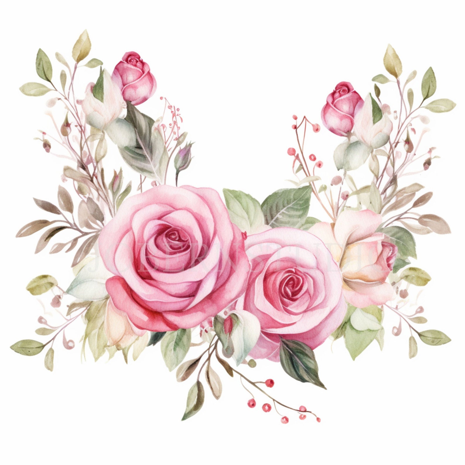 Pink Rose Branch Garland Clipart Bundle 10 High Quality PNG, Watercolor ...