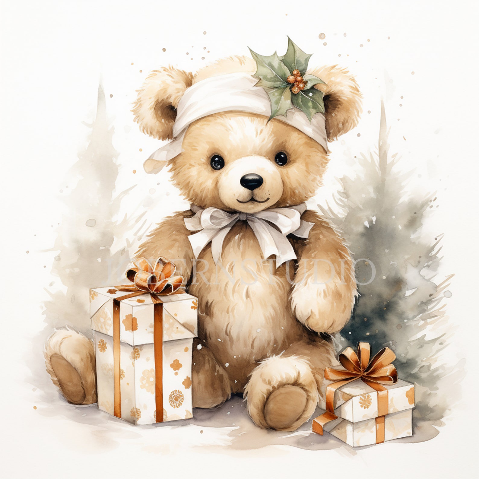 Christmas Teddy Bear, Watercolor Clipart PNG,15 High Quality Jpgs ...