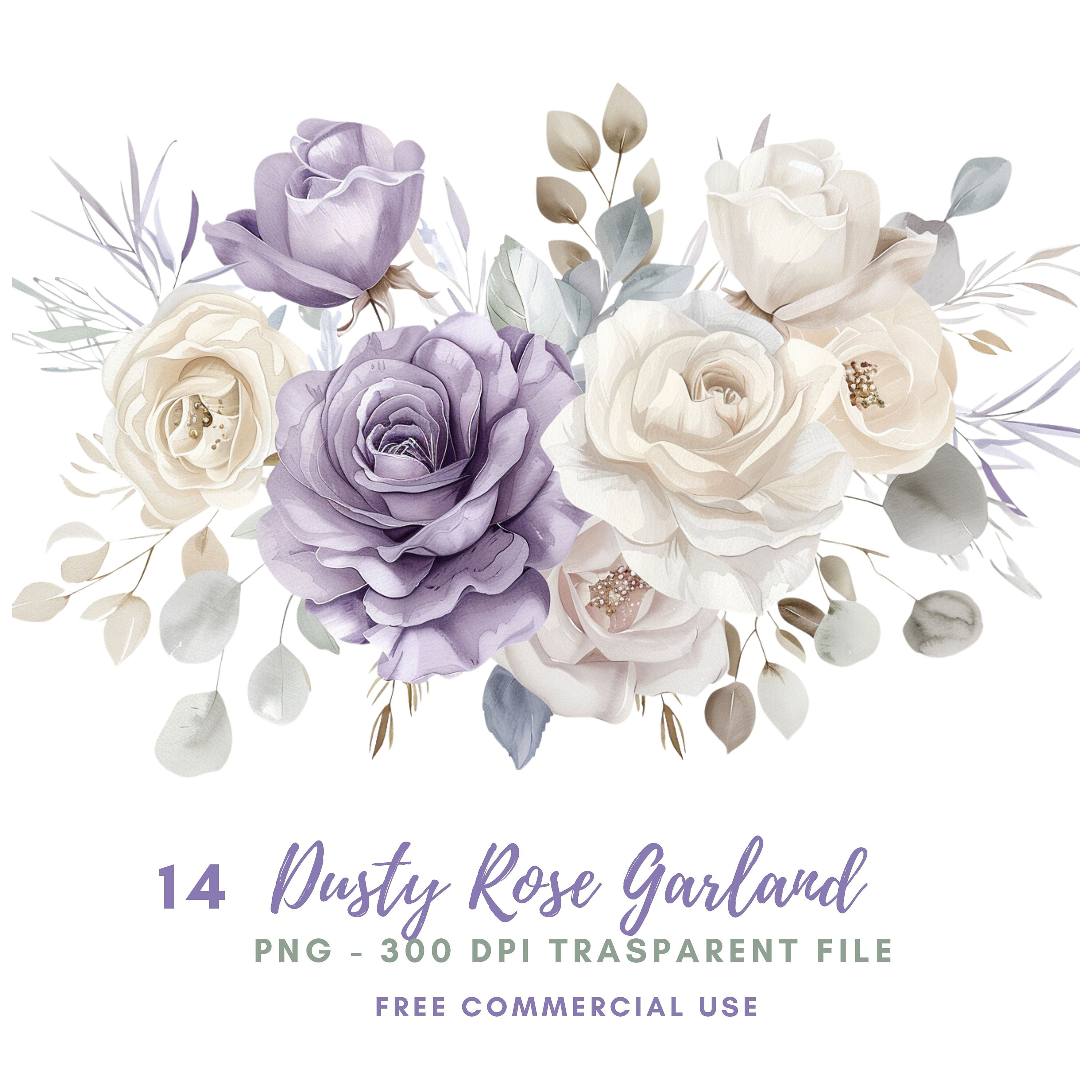Watercolor Dusty Lilac Rose Branch,garland Border Clipart Bundle 14 ...