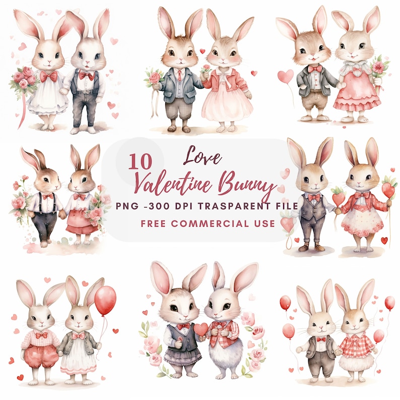 Valentine Bunny Clipart PNG Bundle 10 High Quality Jpg,watercolor ...