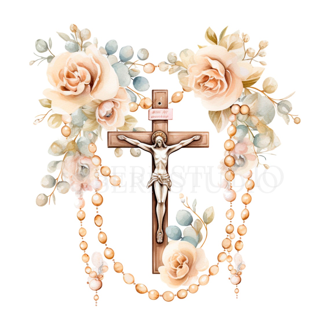 Flower Rosary Clipart Bundle 15 High Quality Png,cross Watercolor ...