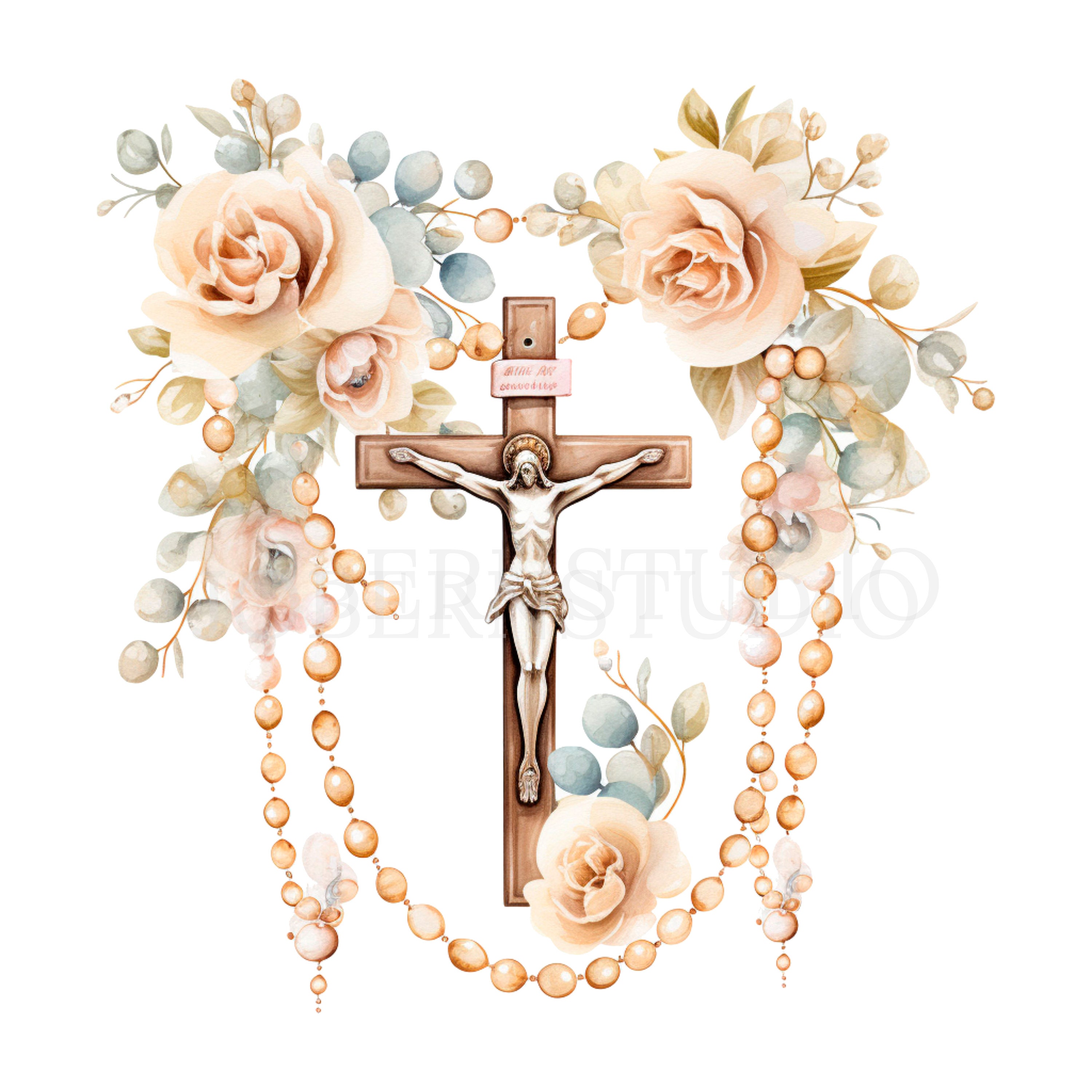 Flower Rosary Clipart Bundle 15 High Quality Png,cross Watercolor ...