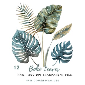 Boho Leaves Clipart Bundle 12 High Quality PNG, Watercolor Green Leaves ...