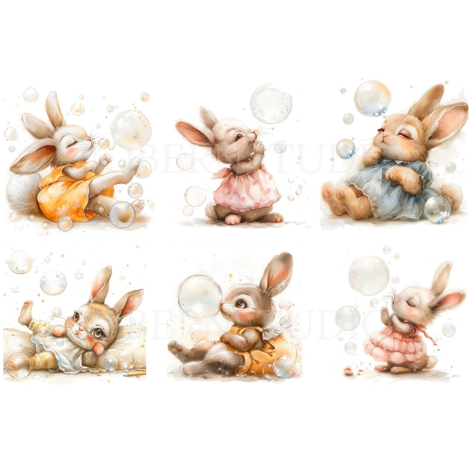 Cute Bunny Clipart PNG Bundle 15 High Quality,watercolor Bunny Bubbles ...