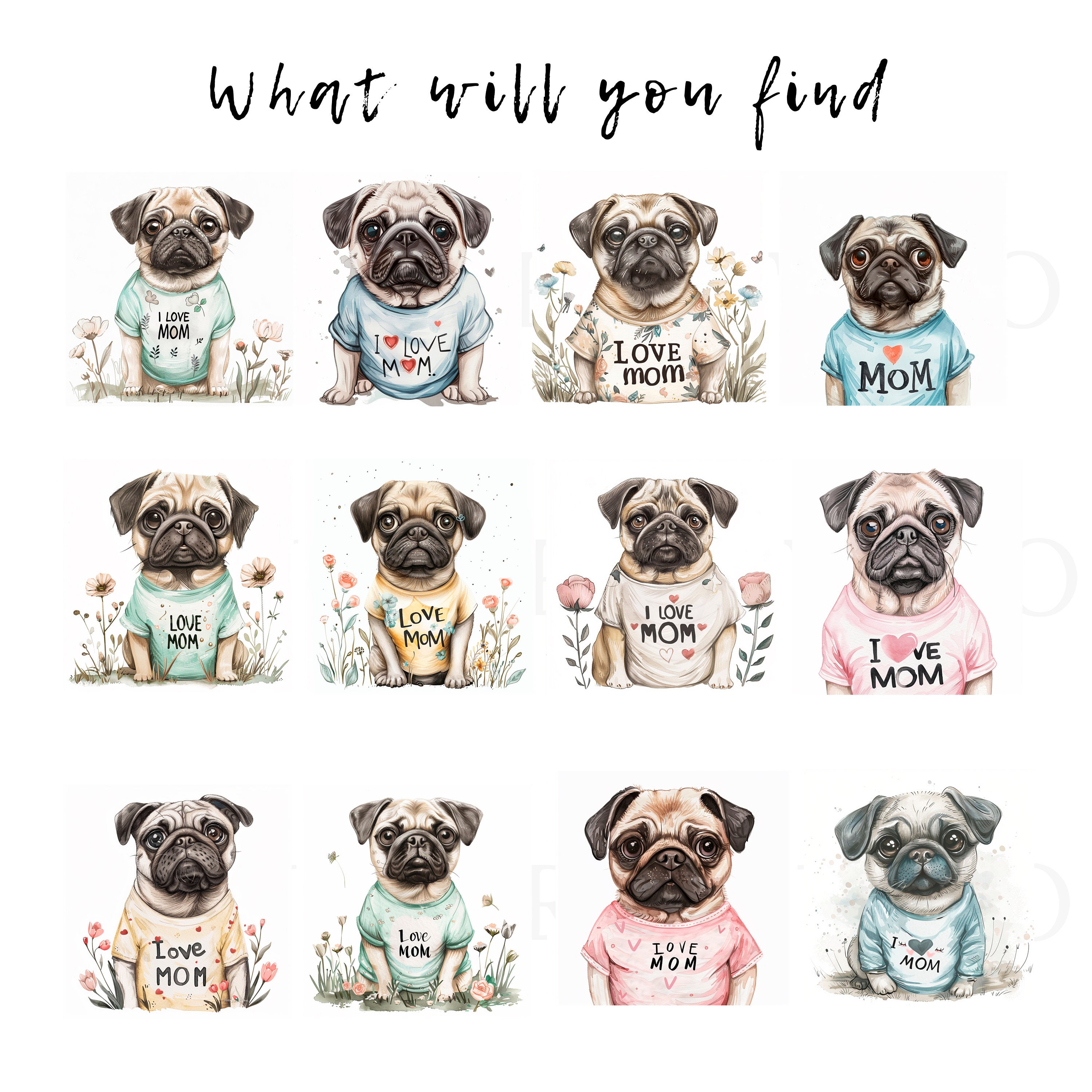 Mother's Day, I Love Mom Pug, Clipart Bundle 12 High Quality PNG ...