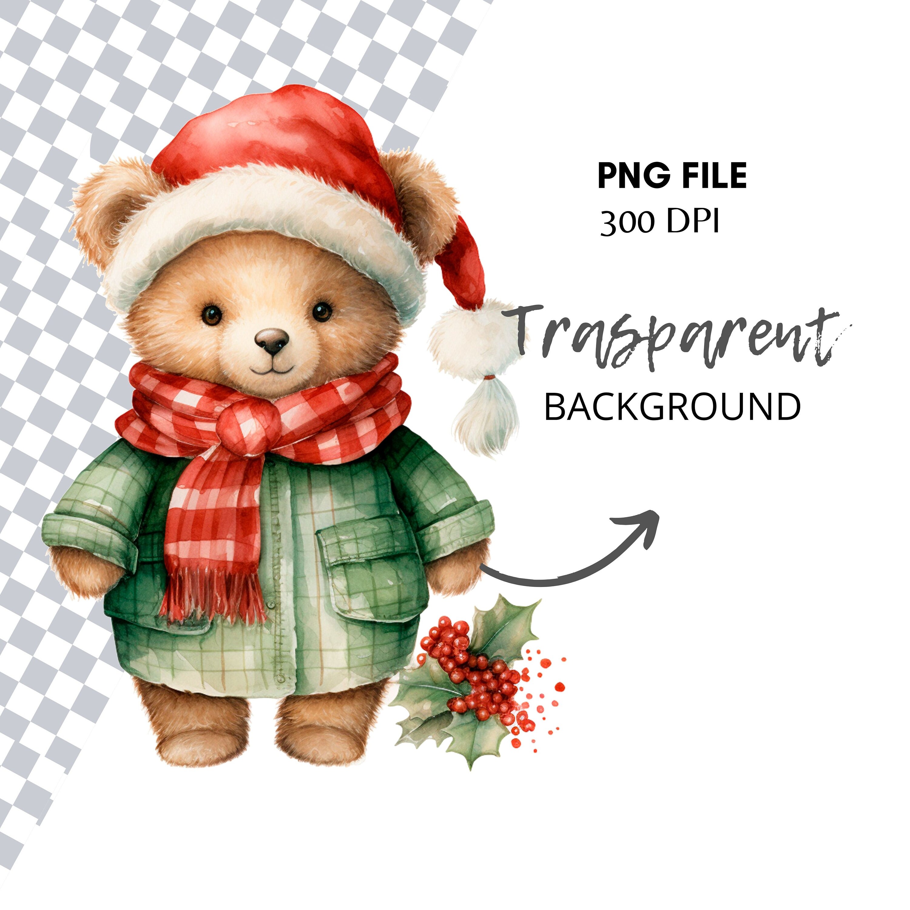 Christmas Teddy Bear, Watercolor Clipart PNG,15 High Quality Jpgs ...